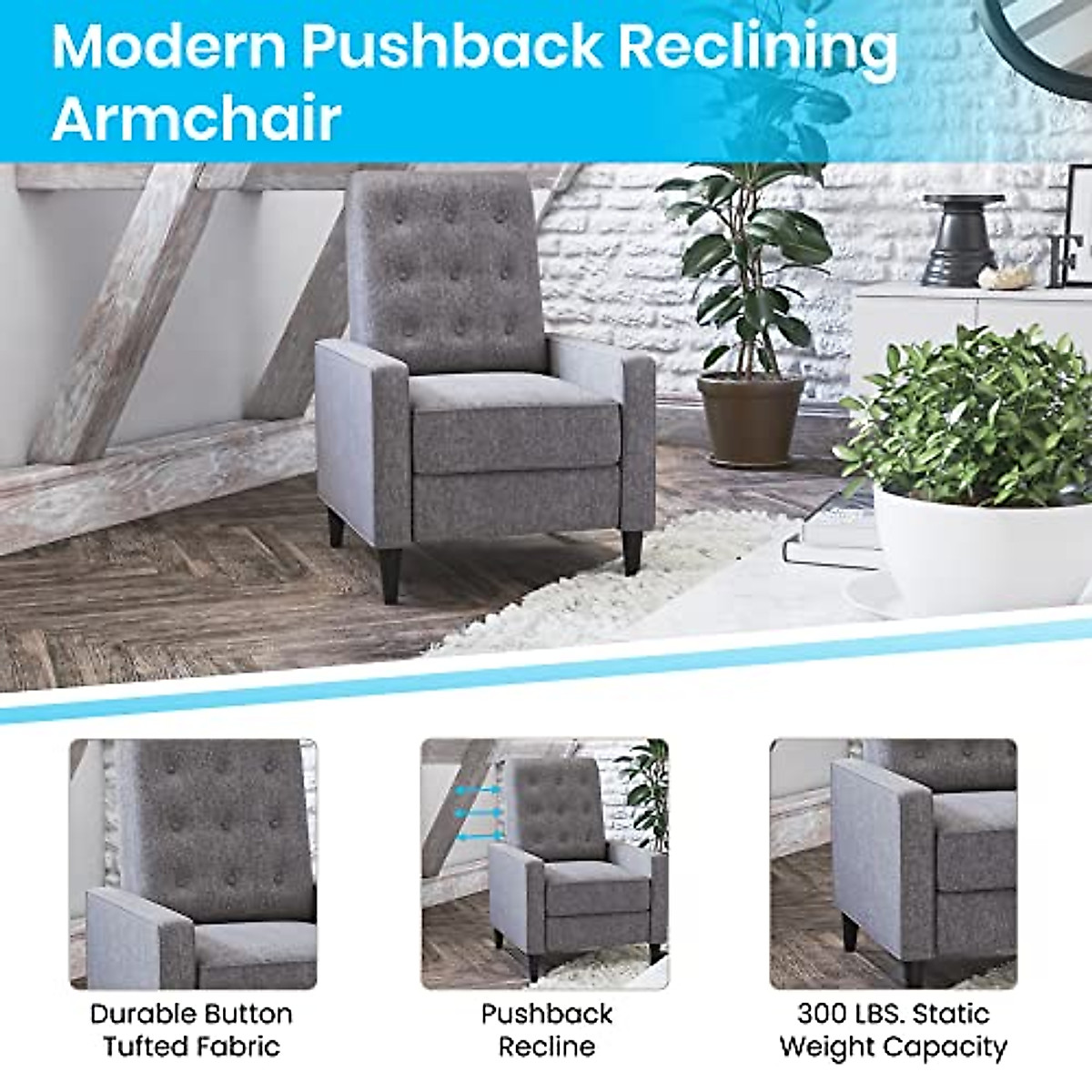 Flash Furniture Ezra Pushback Recliner - Mid-Century Modern Gray Fabric Upholstery - Button Tufted Back - Residential & Commercial Use Grey