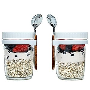 Overnight Oats Containers with Lids 2, 10oz Wide Mason Jars with Spoon - Great for on-the-go cereal containers - Very convenient for use on the go, Sealed glass jars are ideal for home, office or on-the-go (White)