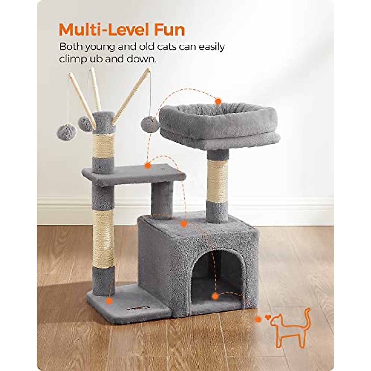 Feandrea Cat Tree, Small Cat Tower with Padded Perch, Cat Cave, 3 Pompoms, Cat Activity Center, Light Gray UPCT121W01