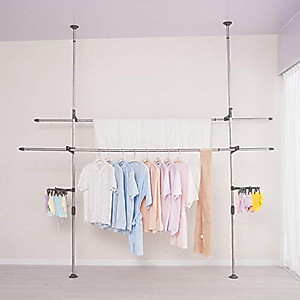 BAOYOUNI Double Pole Adjustable Laundry Clothes Drying Rack Standing Garment Storage Organizer Heavy Duty Space Saver DIY Pants Hanger Rod Rail Floor to Ceiling, Height 64.96'' to 98.42'' - Grey