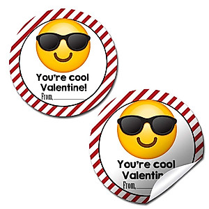Cool Emoji with Sunglasses Valentine Party Favor Sticker Labels, 40 2" Party Circle Stickers by AmandaCreation, Great for Classroom Valentines, Envelope Seals, Gifts & Treats