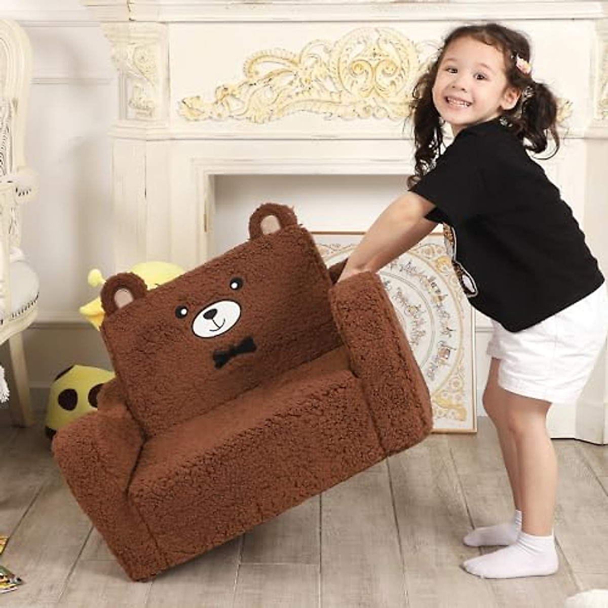 MOMCAYWEX Kids Chairs for Toddler, 2-in-1 Toddler Soft Sherpa Couch Fold Out, Convertible Sofa to Lounger for Girls and Boys, Teddy Bear, Brown