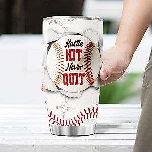 JENOIS Hustle Hit Baseball, Tumbler 20 Oz With Lid And Straw, For Fathers Cup Day Women Coffee Dad Tumblers, Baseball Gifts