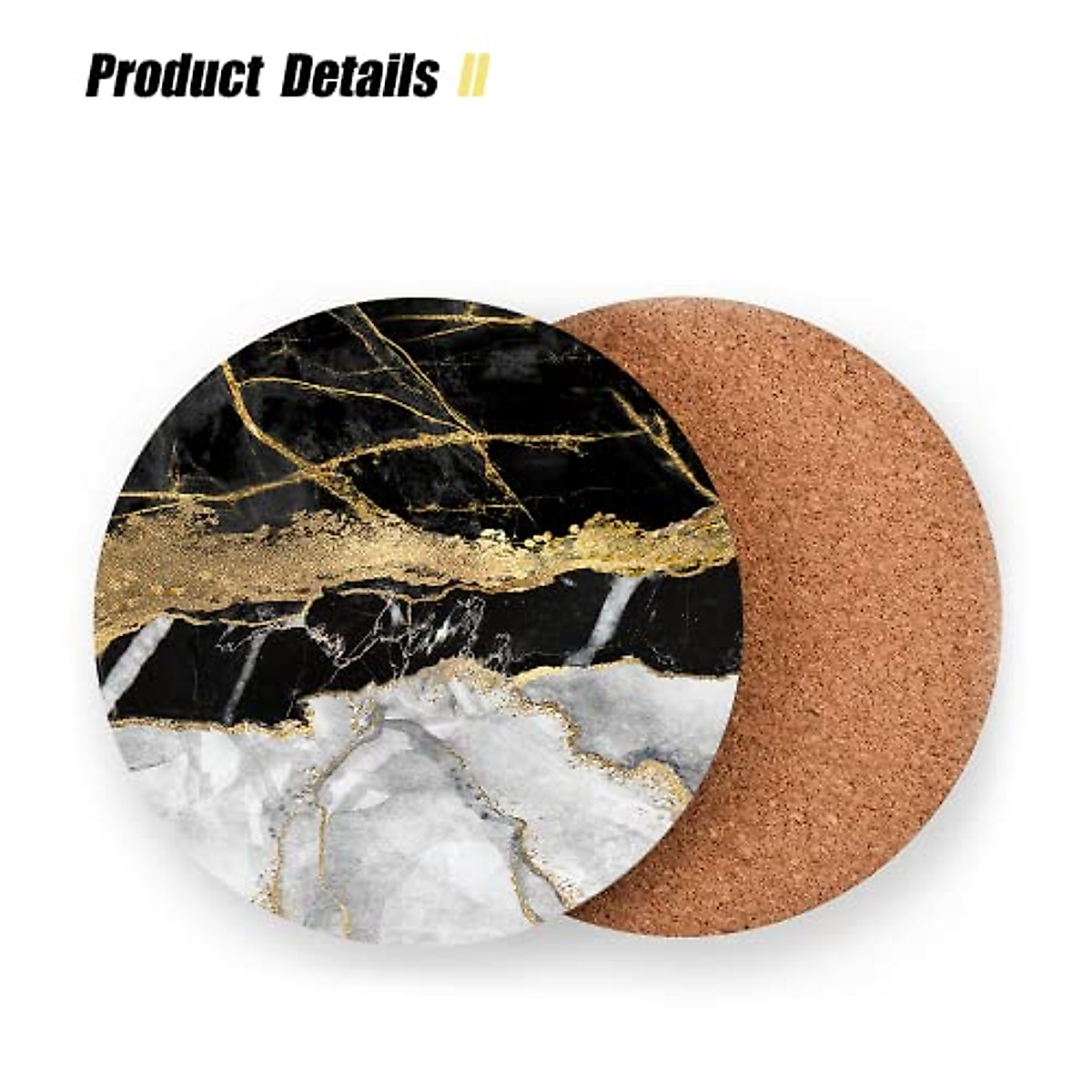 4Pcs Absorbent Drink Coasters Black Gold Grey Marble Pattern Round Coaster with Cork Backing Non-Slip for Home Office 4in