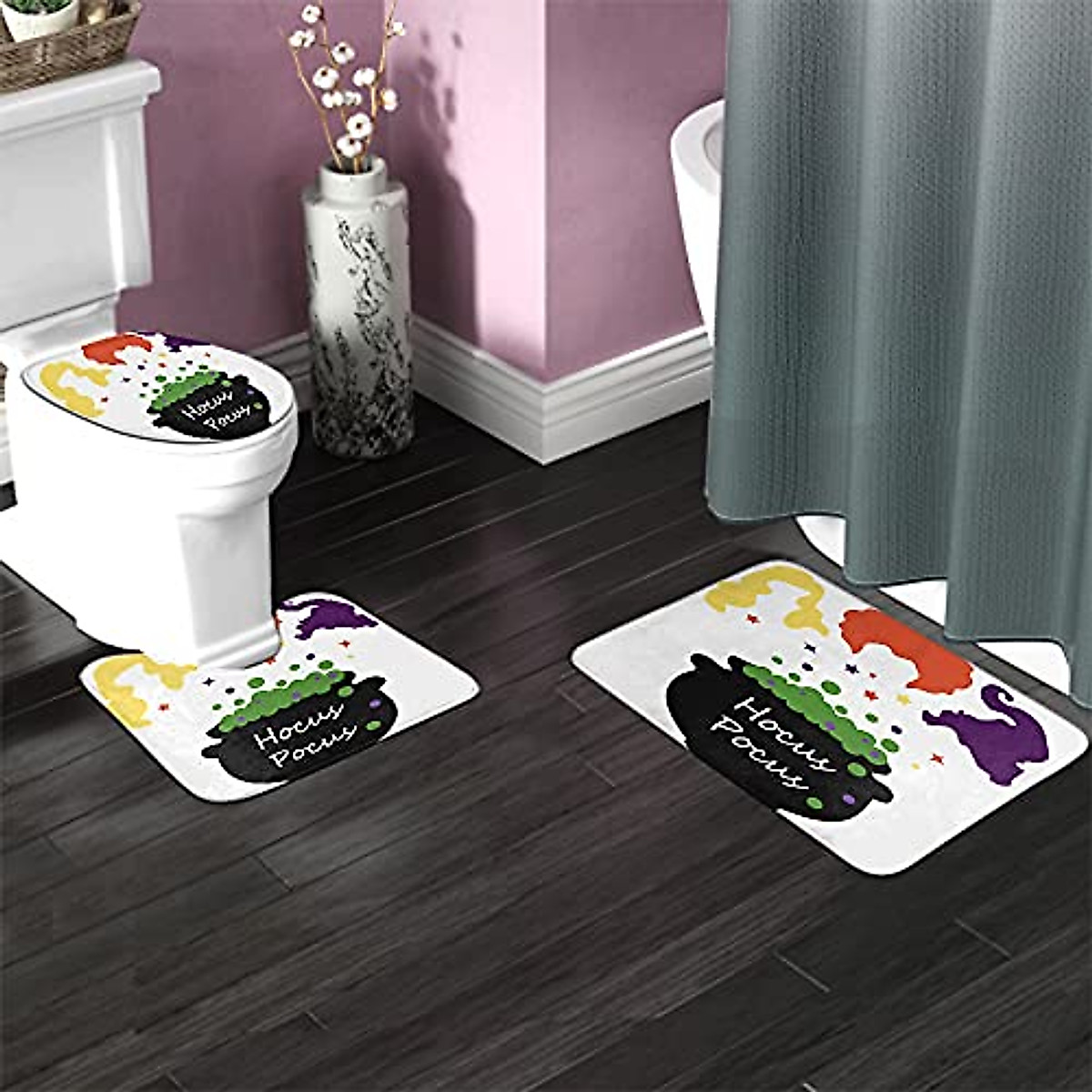 WONDERTIFY Halloween Hocus Poucs Sanderson Sisters Bathroom Antiskid Pad 3 Pieces Bathroom Rugs Set, Bath Mat+Contour+Toilet Lid Cover