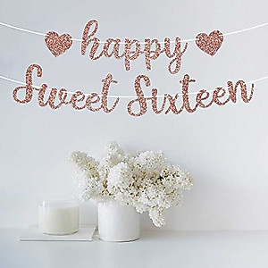 Pre-Strung Happy Sweet Sixteen Birthday Banner - NO DIY - Rose Gold Glitter Sweet 16 Party Banner - Pre-Strung Garland on 8 ft Strands - Rose Gold Birthday Party Decoration. Did we mention no DIY?