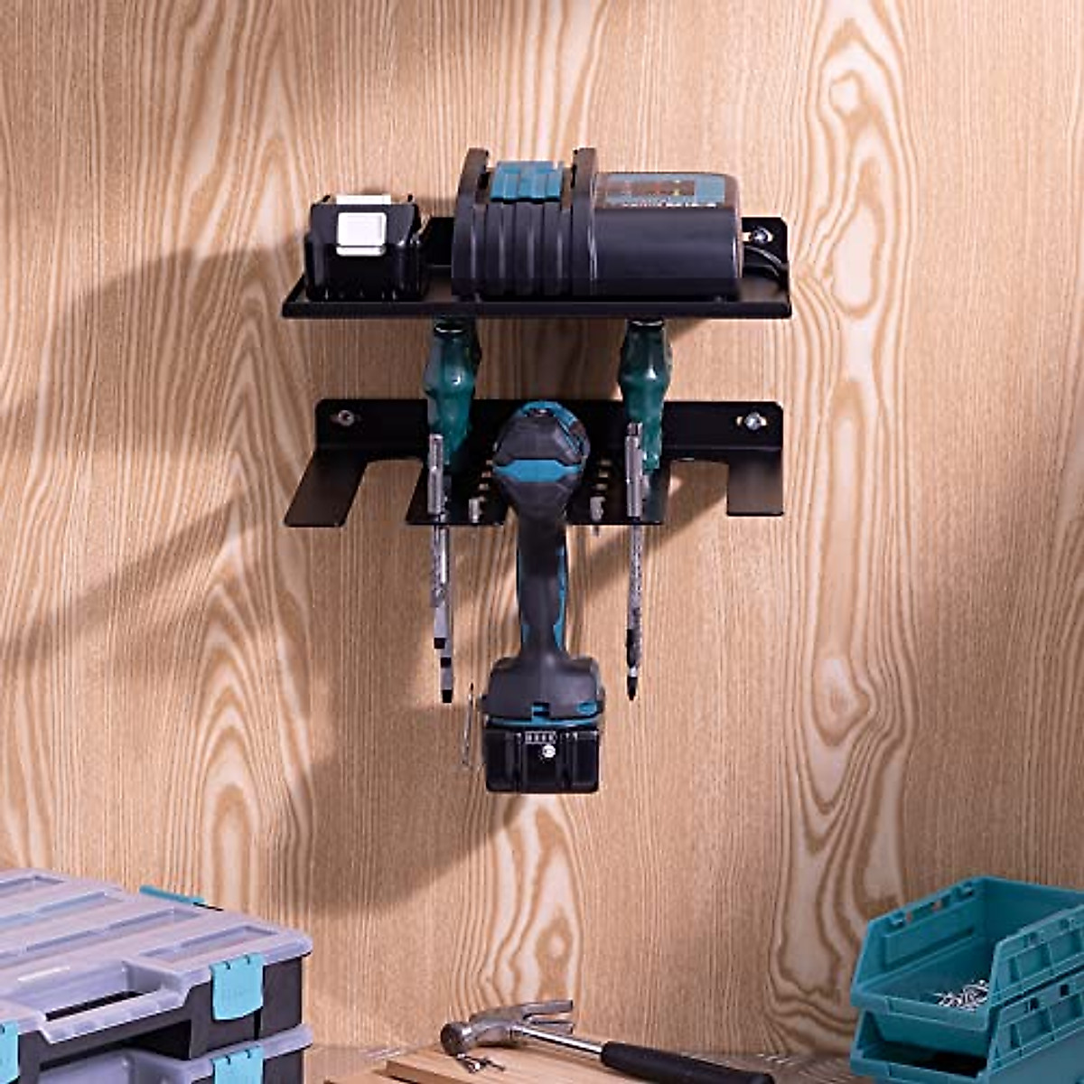 Navaris Drill Holder and Shelf for Pegboard or Wall - Tool Organizer Storage Accessories - Wall Mount Rack for Pegboards, Garage Walls, Power Tools
