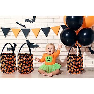 Jolly Jon Halloween Trick or Treat Bags - Kids Candy Bucket Tote Bag - Pumpkin Design on Black Basket - 9.5 x 9 inches