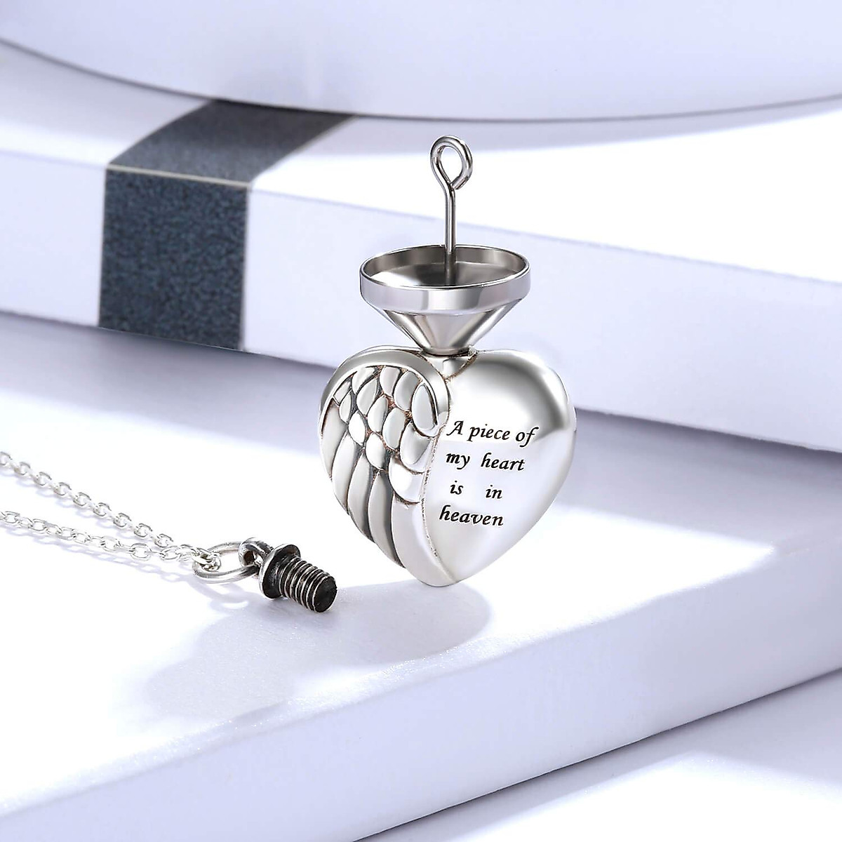 925 Sterling Silver Angel Wing Heart Urn Pendant Necklace For Ashes - A piece of my heart is in heaven Memorial Keepsake Cremation Jewelry (Wing)