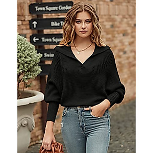 MEROKEETY Women's Batwing Long Sleeve V Neck Pullover Sweaters Foldover Collared Casual Knit Jumper Tops Black