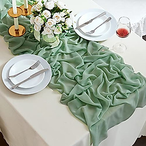 5 Pack Sage Green Chiffon Table Runner 10Ft Wedding Table Runner 29x120 Inches Sheer Romantic Tulle Table Runner for Wedding Decor Bridal Shower Baby Shower Birthday Party Cake Table Decoration