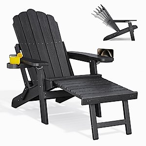 Ahomly Adjustable Backrest Adirondack Chair with Ottoman & 2 Cup Holders, HIPS All-Weather Folding Adjustable Adirondack Chair, for Outdoor, Beach, Pool, Porch, Lawn, Black