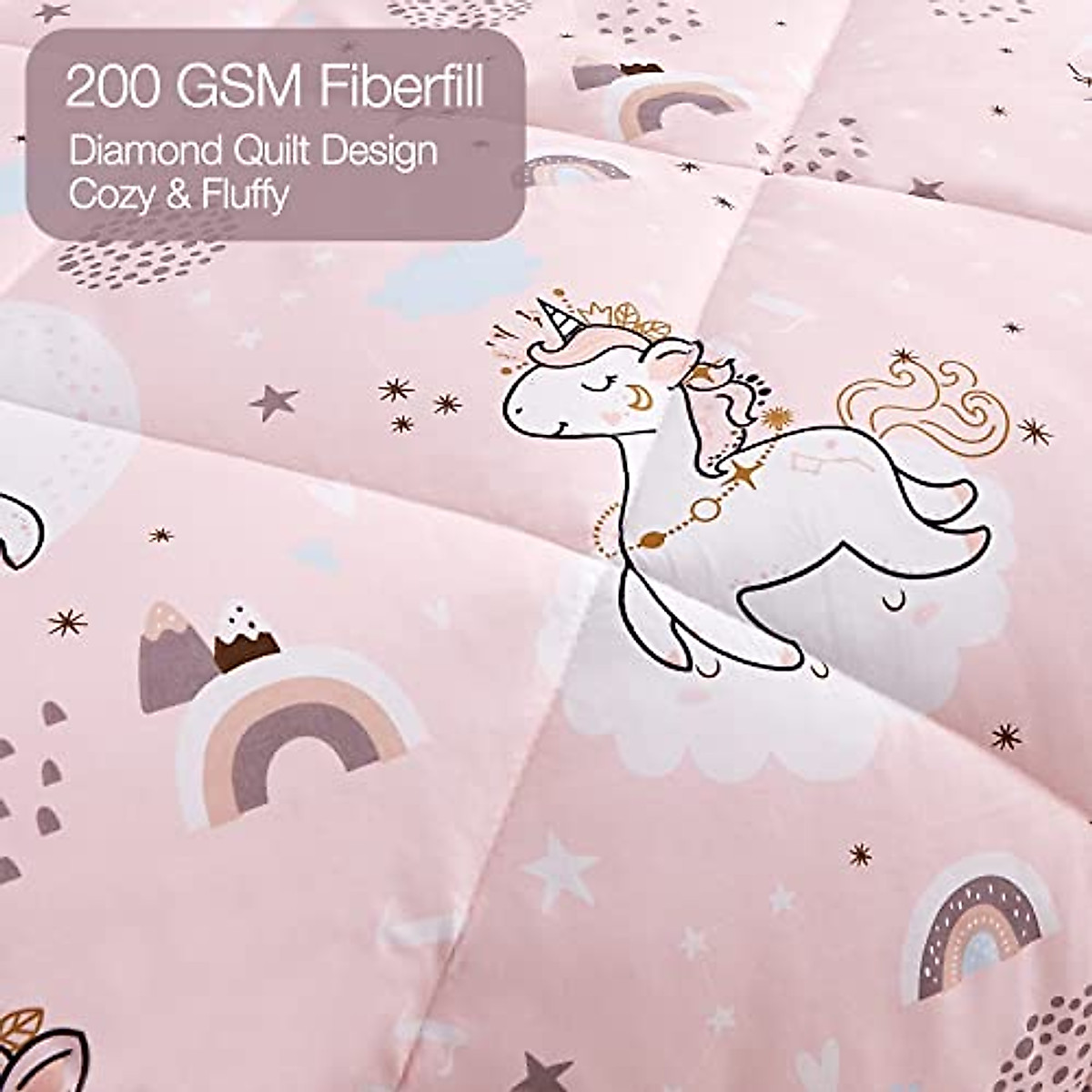 JSD Pink Unicorn Kids Comforter Set for Girls, 2 Pieces Twin Microfiber Comforter with Pillow Sham, Soft Comfortable Machine Washable