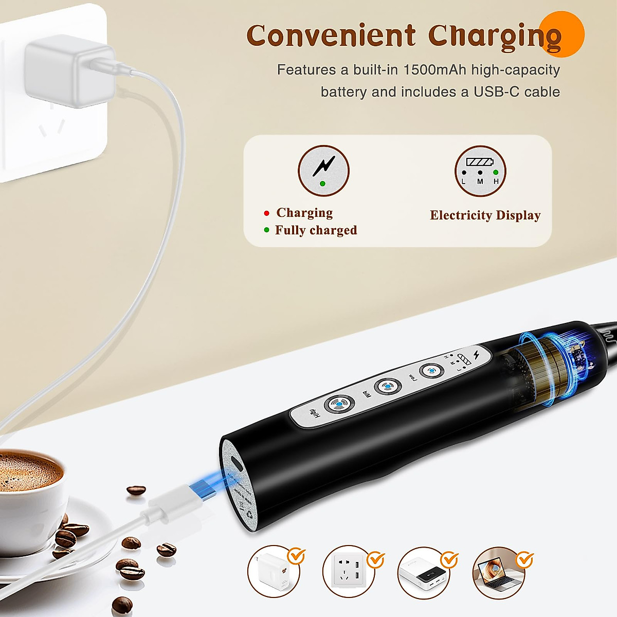 Colarlemo Milk Frother Handheld Rechargeable, Frother Wand Drink Mixer Electric Whisk for Coffee, Detachable With 3 Stainless Whisks, Hand Mixer for Lattes, Cappuccino, Matcha, Egg, No Stand, Black