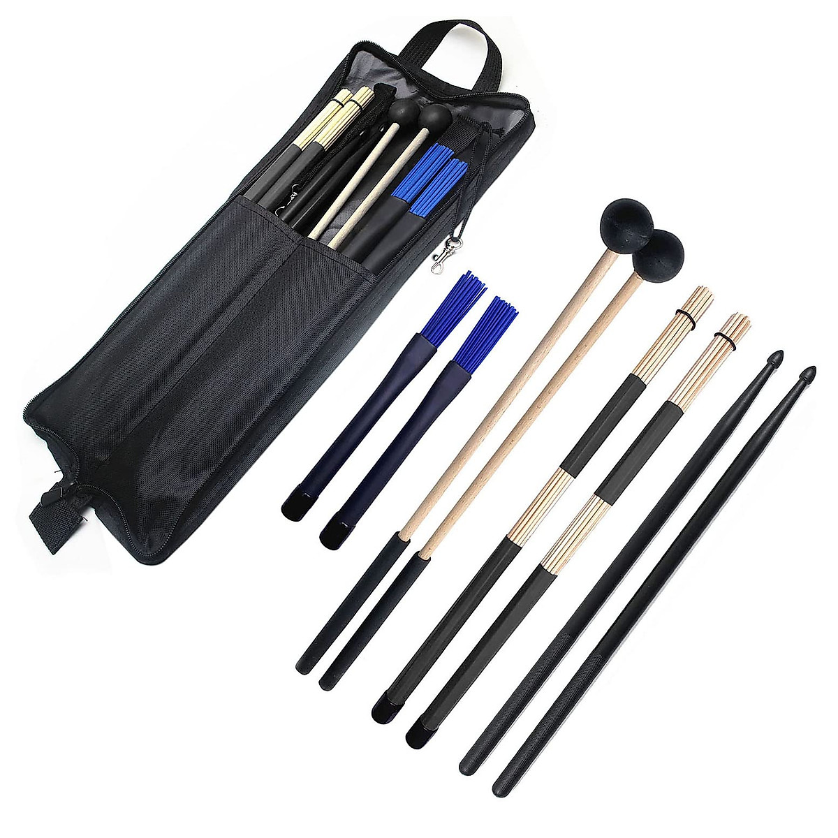 TUOREN Drum Stick Bag Portable Drumstick Storage Handbag with Drumsticks Drum Brushes Stick Set 4Pair Percussion Instrument Accessories for Jazz Acoustic Drummer Practice, Rock Band, Students Black