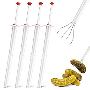 Set of 4 Pickle Picker Stainless Steel and Plastic Pickle Pincher 8 Inch Deluxe Pickle Grabber Tool Pickle Jar Fork for Kitchen Food Olive Pepper, White