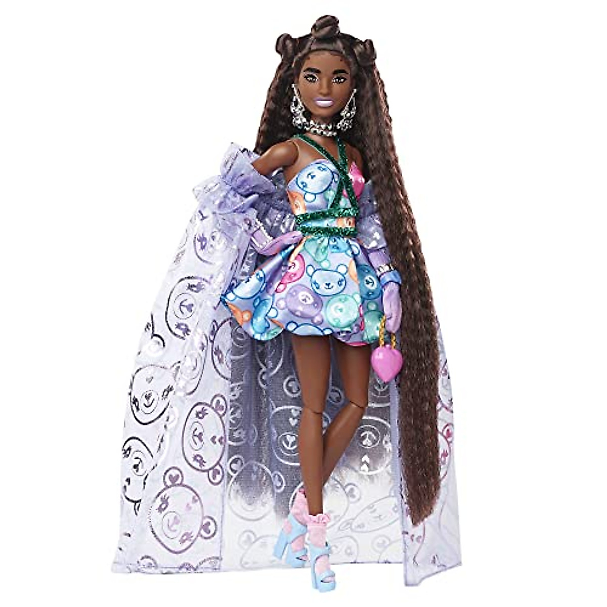 Barbie Extra Fancy Fashion Doll & Accessories Dressed in a Teddy-Print Gown with Sheer Train, Plus Teddy Bear Pet