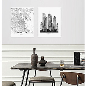 Boston Skyline, Boston Wall Art, Boston Street Map, Watercolor Skyline Print, Building Wall Decor, Office Wall Art, Boston Map Print, Set of 2 Prints, 11X14 Inch Unframed