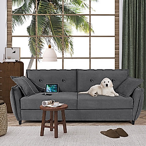 STHOUYN 85” 3 Seat Grey Couch with 2 USB, Modern Comfy Couch Sofa, Large Couches Sofas for Living Room Office, Deep Seat & Low Profile, Chenille Sofa (Grey)