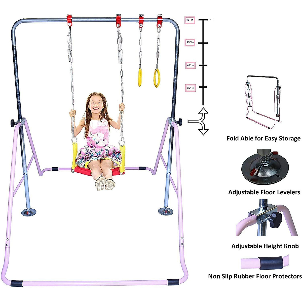 KidsJungle Kids Jungle Gym 3 in 1 Gymnastics Monkey Bar Kip Bar Deluxe Swing Set, Trapeze Rings, Adjustable Horizontal Climb Tower Junior Training Pink