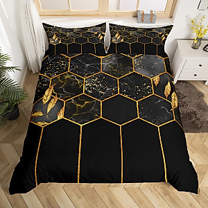 Marble Duvet Cover King, Black Grey Geometric Gold Plaid Bedding Set, Modern Luxury Diamond Comforter Cover with Metallic Stripe Printed Beehive Hexagon Grid Quilt Cover with Pillow Shams,Honeycomb