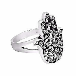 AeraVida Delicate Henna Hand of Hamsa .925 Sterling Silver Ring | Wedding Rings For Women | Boho-inspired Comfort Fit Silver Rings for Women | Sterling Silver Rings Sizes (9)