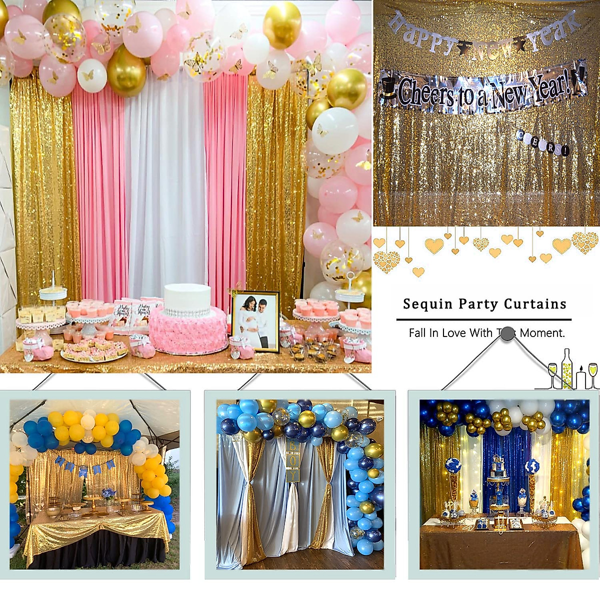 TCBESTO Gold Sequin Backdrop Curtains Glitter Drapes 2FTx8FT 4 Panels for Wedding Birthday Party Decorations Bridal Baby Shower Party Supplies Sparkly Photography Background