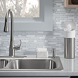 KOHLER Disinfecting Dispenser (Wipes not Included), Canister with Easy One Touch Lid, 4 x 4 x 10.75, Stainless Steel with White