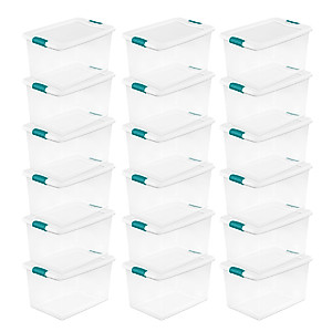 Sterilite 64 Qt Latching Storage Box, Stackable Bin with Latch Lid, Plastic Container to Organize Clothes in Closet, Clear with White Lid, 12-Pack