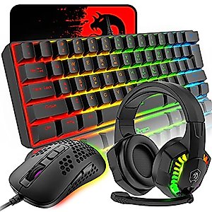 Gaming Keyboard and Mouse Combo,61 Keys Compact RGB Backlit Mechanical Feel Keyboard,RGB Backlit 2400 DPI Lightweight Gaming Mouse with Honeycomb Shell for Windows PC Gamers (4 in1/black Set)