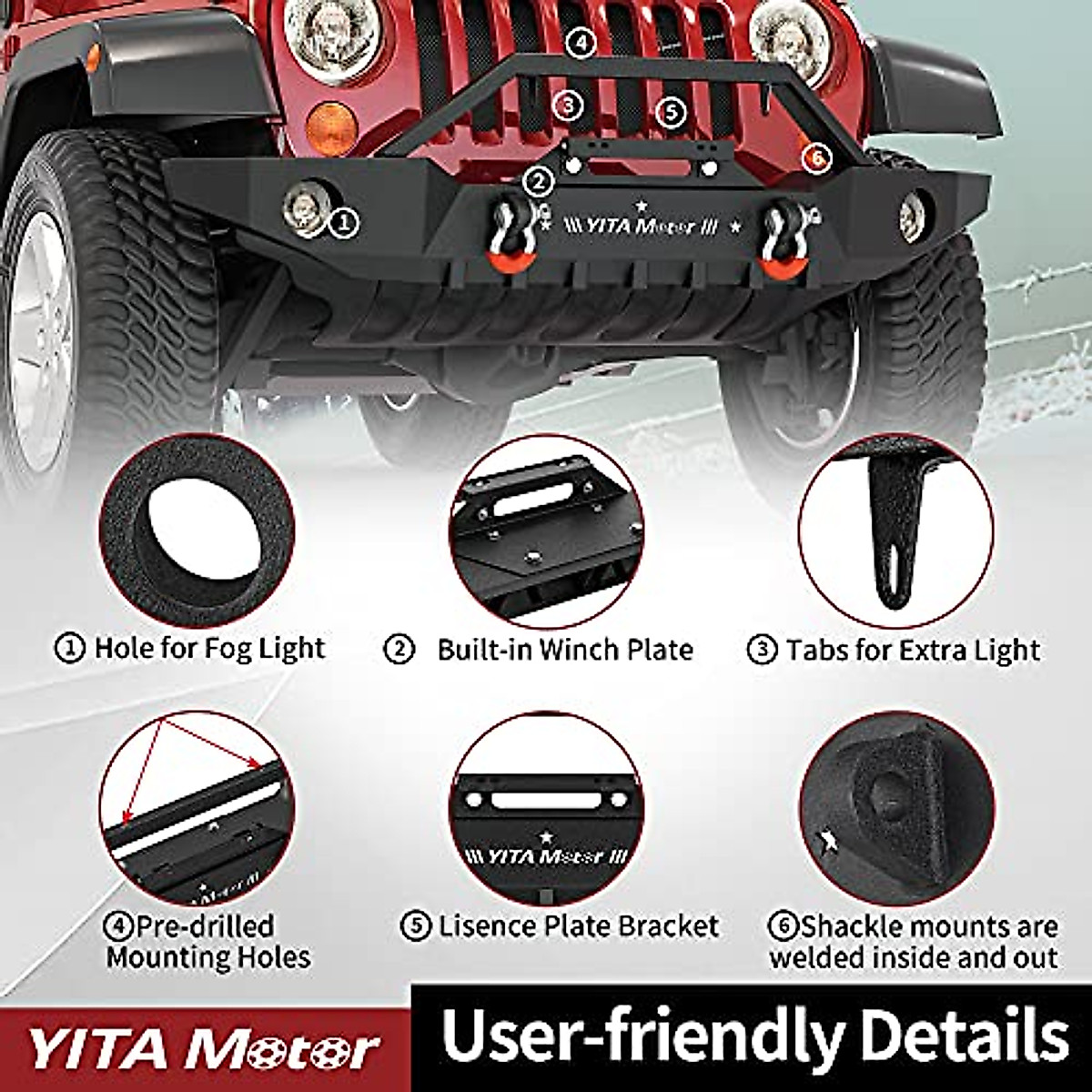 YITAMOTOR Front & Rear Bumper Compatible for Jeep Wrangler 2007-2018 JK & JKU Unlimited (2/4 Doors) w/LED Light & 2 x D-Rings & Winch Plate & Fog Holes & 2" Hitch Receiver