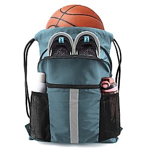 BeeGreen Workout Bag Drawstring Backpack w Shoe Compartment Large Sackpack String Bag w Zipper Pockets and Water Bottle Pockets Sports Yoga Cinch Bag for Gym Haze Blue