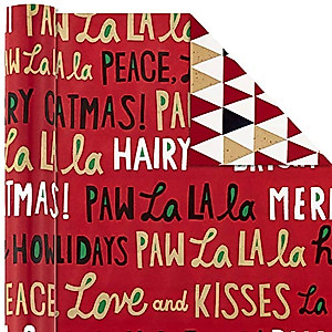 Hallmark Christmas Reversible Wrapping Paper Bundle, Pets and Patterns (Pack of 3, 120 sq. ft. ttl) Cats, Dogs, Stripes, Polka Dots, Paw La La La