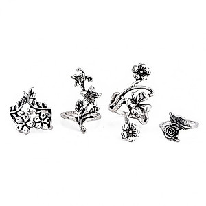 4Pcs Retro Hollow Silver Mori Vine Tree Leaf Flower Ring Set For Womens, 2022 Vintage Stack Rings Set for Teen Girl