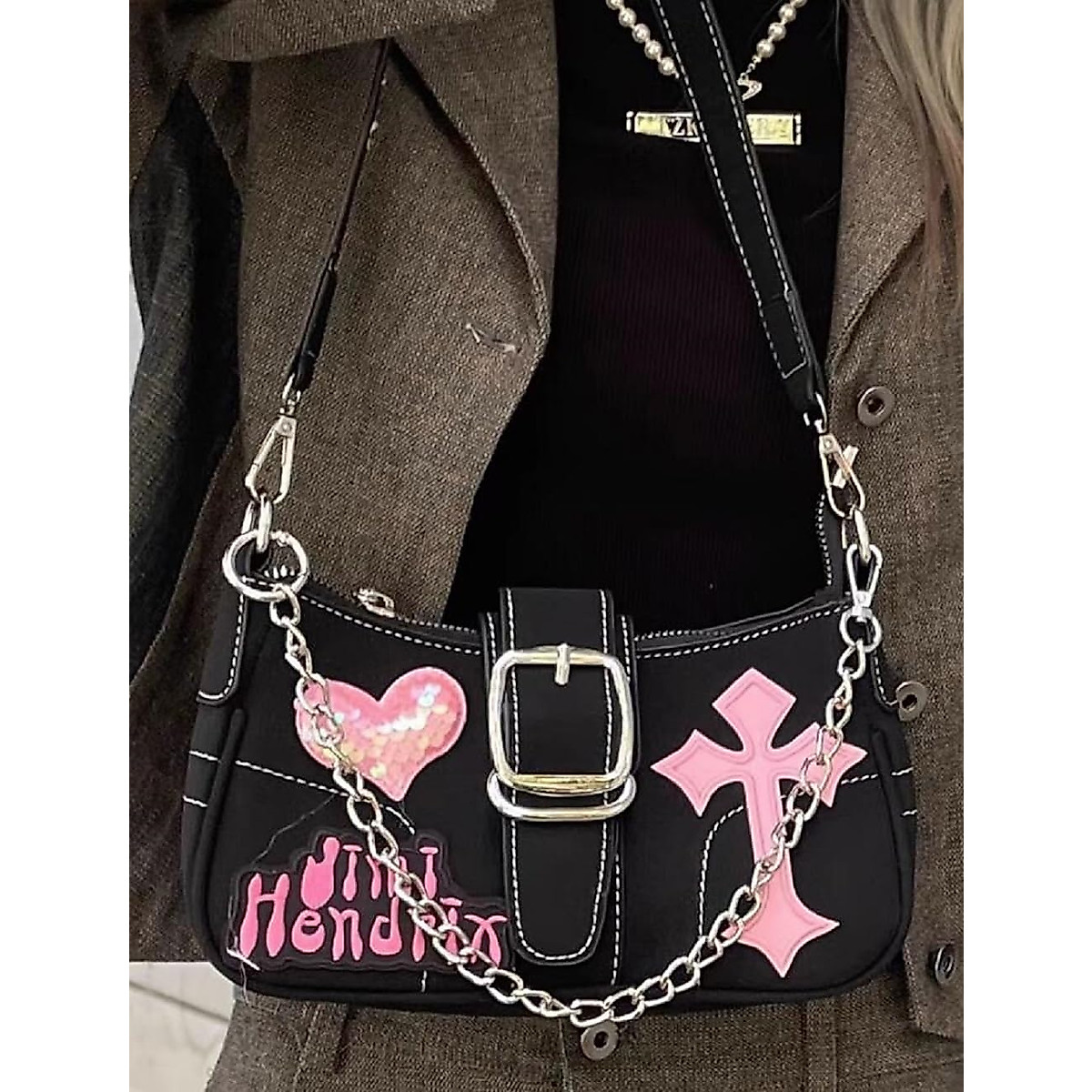 JeVenis Black Pink Y2K Purse Y2K Tote Bag Punk Gothic Tote Purse Y2k Crossbody Bag Y2k Shoulder Bag for Womens Girl