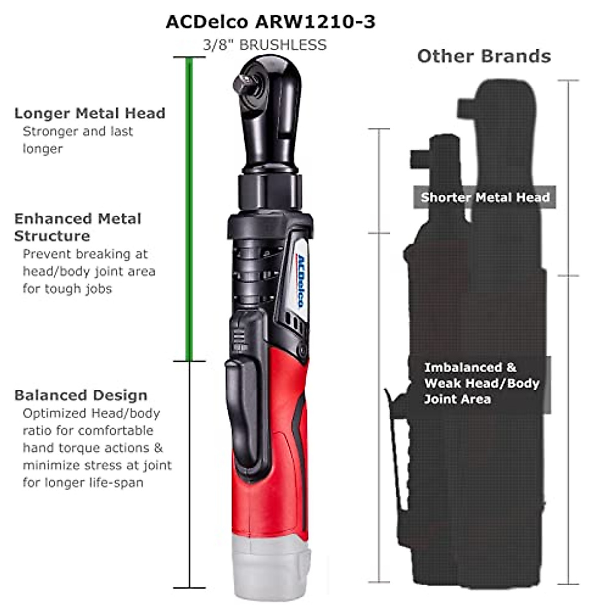 ACDelco ARW1210-3T G12 3/8" 12V Cordless 65 ft-lbs. Brushless Ratchet Wrench - Bare Tool Only