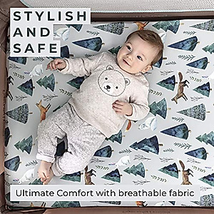 Pobi Baby - 2 Pack Premium Pack N Play Sheets Fitted for Standard Pack and Plays and Mini Cribs - Ultra-Soft Cotton Blend, Stylish Animal Woodland Pattern, Safe and Snug for Baby