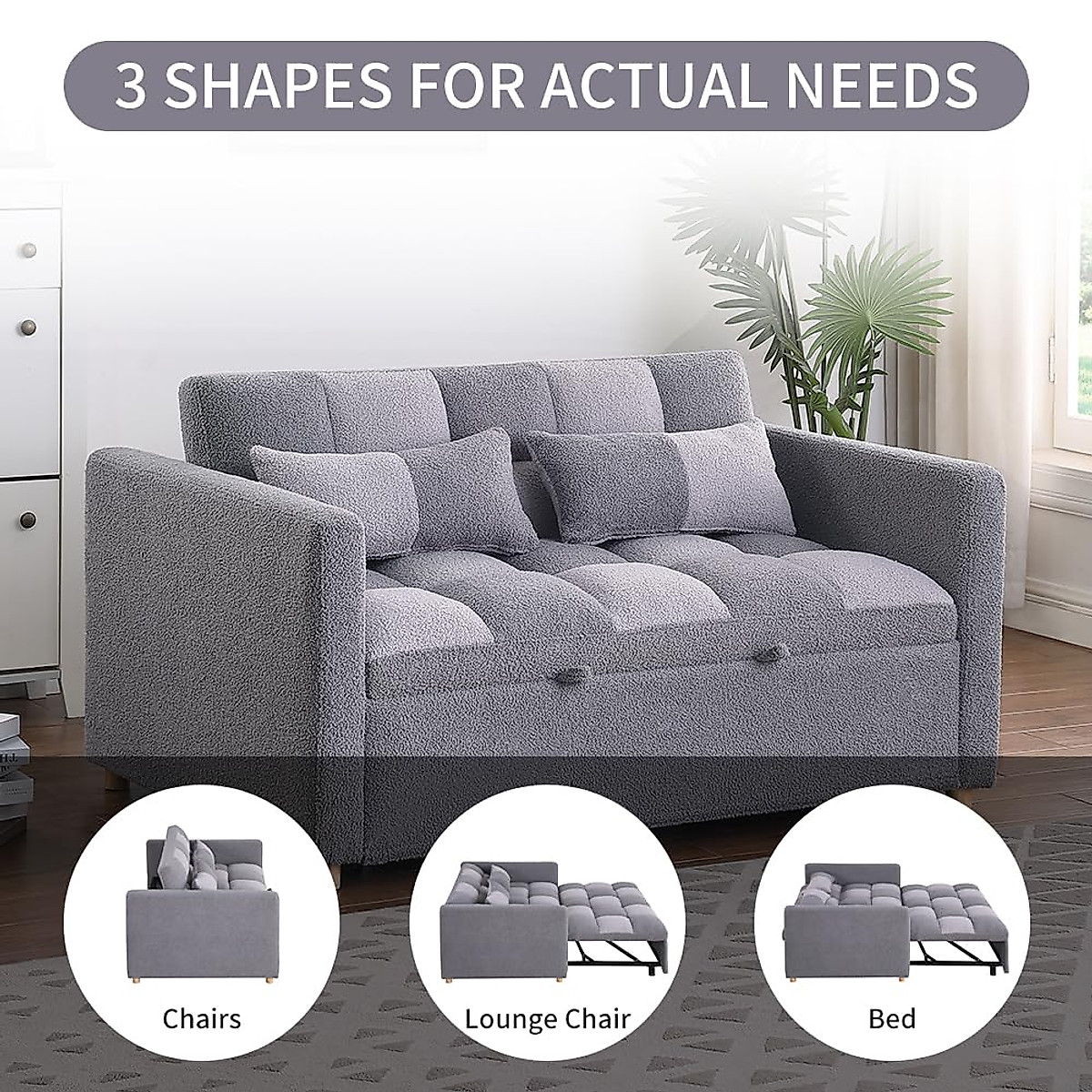 Loveseat Sleeper Sofa- 3 in 1 Convertible Sofa Bed,Pull Out Couch with Adjustable Backrest,Multi-Functional Lounge Chair with Teddy Fabric for Living Room,Small Space (Grey)