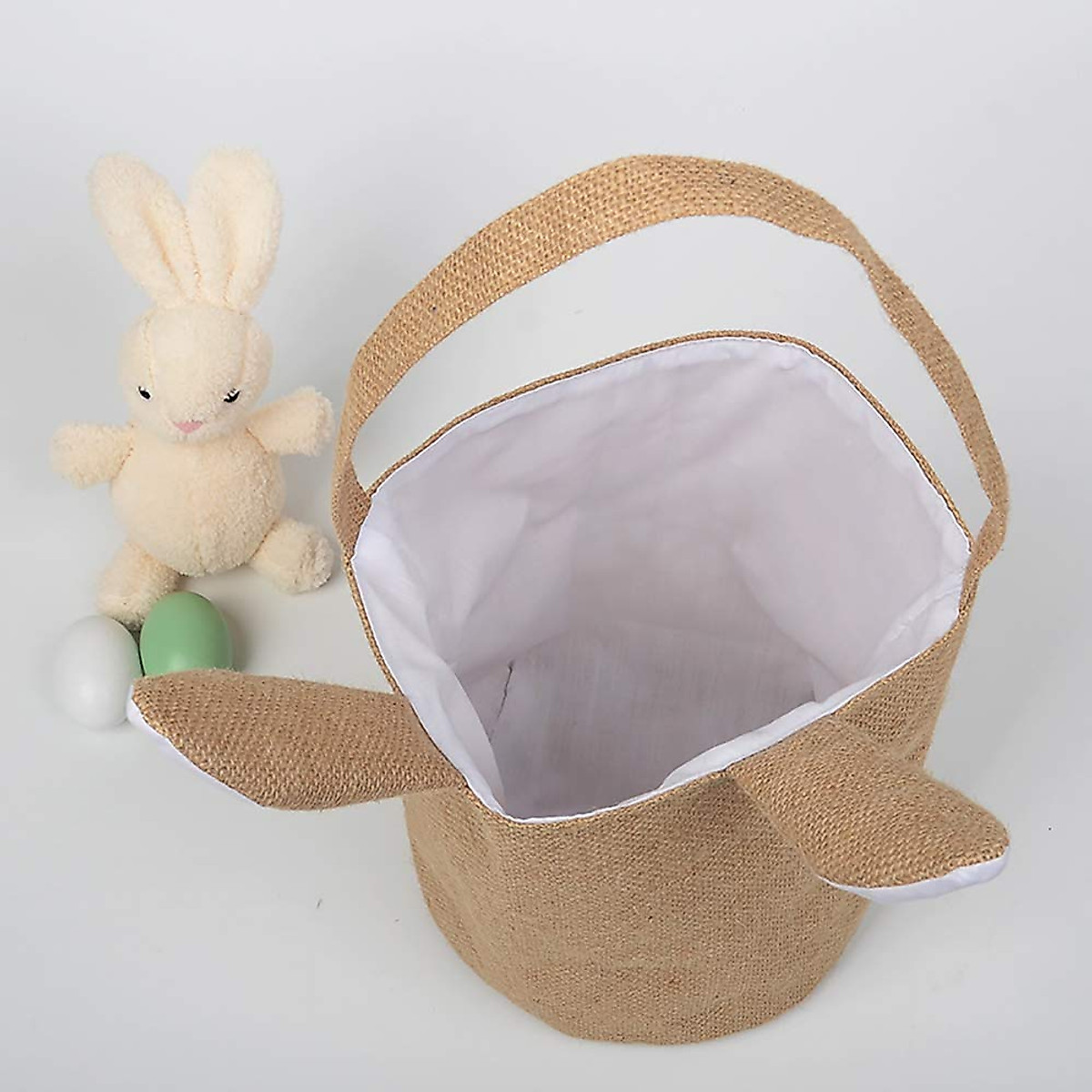 KEFAN 3 Pack Easter Bunny Baskets Jute Burlap Easter Bags with Ears Stand Up 8 x 8 x 9 Inch