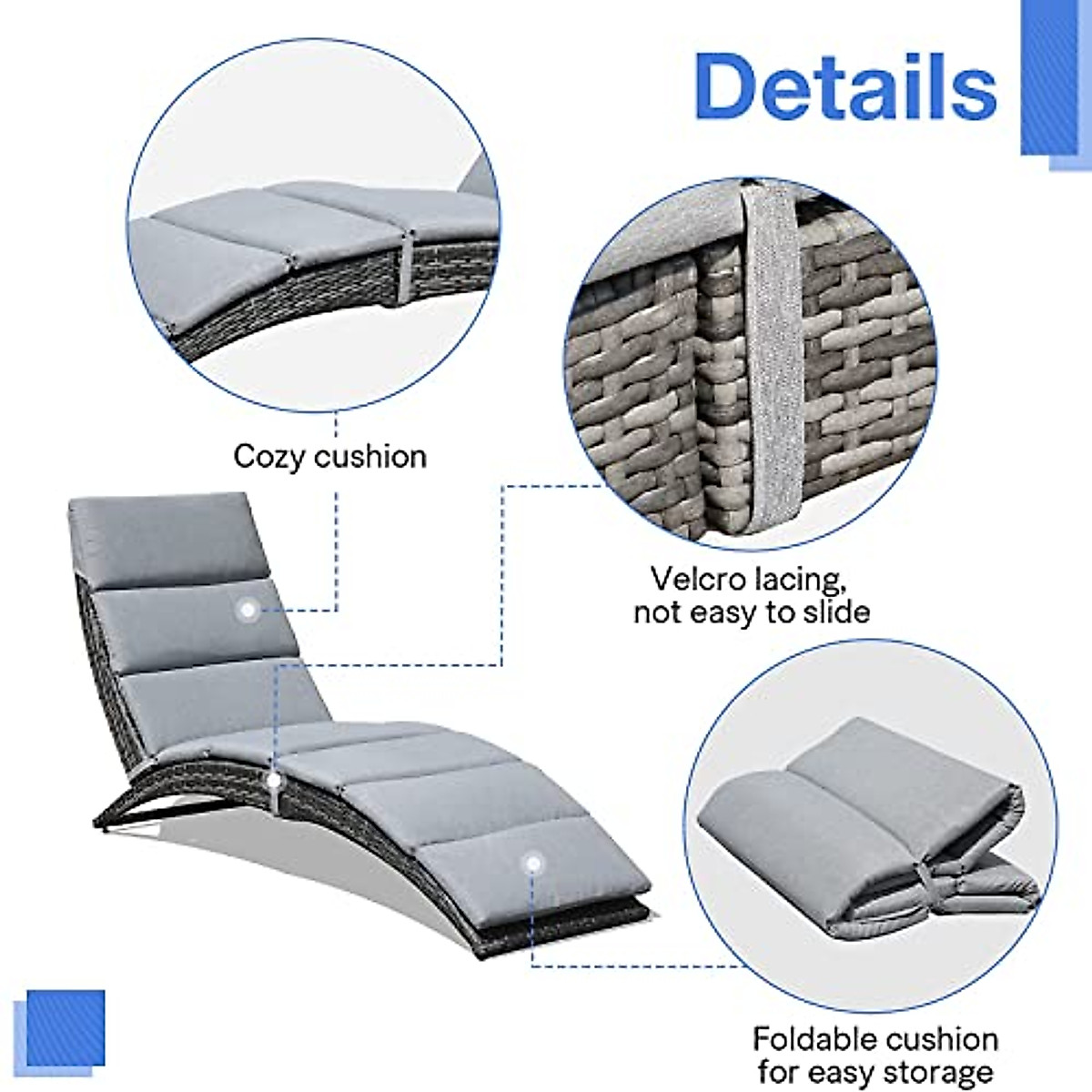 JOIVI Patio Chaise Lounge, Outdoor Lounge Chair, PE Rattan Foldable Chaise Lounger with Removable Light Gray Cushion, Suitable for Poolside, Garden, Balcony 2 Pack