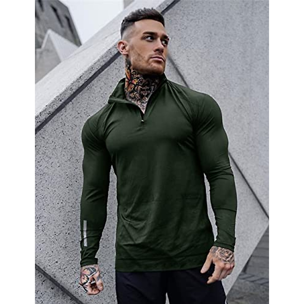 Poriff Men's Active Dry-Fit Quarter Zip Long Sleeve Outdoor Running Performance Pullover Golf Workout Shirts Army Green S