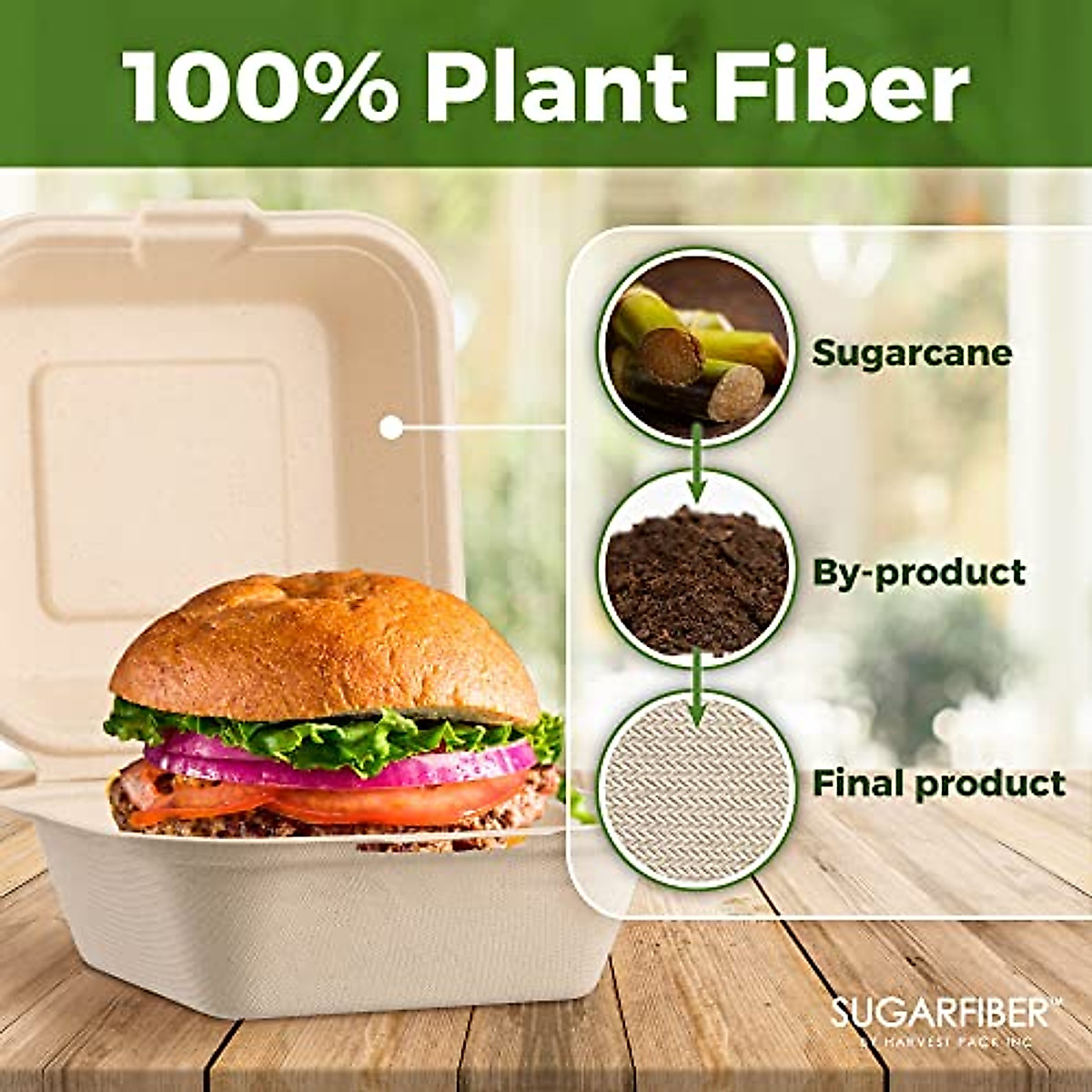 Harvest Pack GOURMET SHOWCASE [50 COUNT Sugarfiber 6 X 6 PFAS FREE Compostable Square Hinged Container, Single Compartment Clamshell Takeout Box, Made from Eco-Friendly Plant Fibers, No PFAS Added
