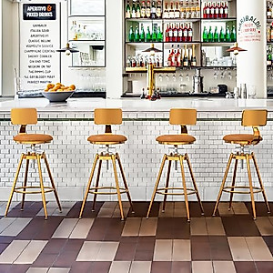 Cozyman Industrial Swivel Bar Stool Set of 4, 26"-32" Adjustable Counter Height Bar Stool with Back for Kitchen Island, Vintage Farmhouse Faux Leather Barstool with Golden Metal Legs, Whiskey Brown