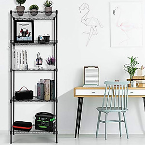 AMZOOM 5-Tier Steel Wire Shelving Unit, Adjustable Metal Shelves, Stainless Steel Storage Rack with Hooks and Leveling Feet, Suitable for Living Room Bathroom Garage Kitchen Pantry (Black)