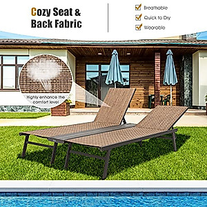 Tangkula Double Patio Chaise Lounge, All Weather-Proof Heavy Duty 6 Position Adjustable Breathable Fabric Outdoor Bed Lounger with Cup Holder, for Poolside, Backyard, Pool, Lawn