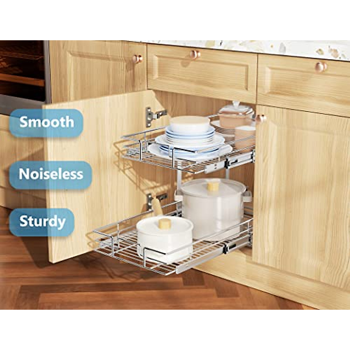 LOVMOR Slide Out Cabinet Drawers Pots and Pans Organizer and Storage, 11" W x 21" D, 2 Tier