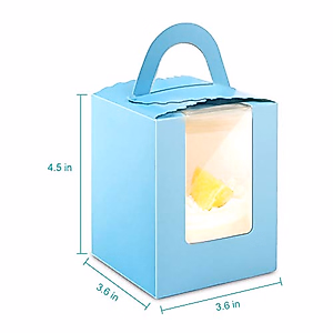 50 Pack Cupcake Boxes Individual, Portable Single Cupcake Carrier With Window Insert and Handle, Cupcake Boxes Individual Blue For Bakery Wrapping