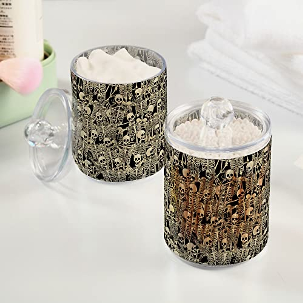 ALAZA Gothic Skull Skeleton Qtip Holder Organizer Dispenser For Cotton Ball, Cotton Swab, Cotton Round Pads, Floss,Bathroom Canisters Storage Organizer, Vanity Makeup Organizer,2Pack