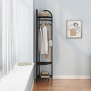 FLRH Black Corner Hall Tree, Freestanding Garment Rack with 6 Hooks and Storage Shelf, Metal Clothing Racks Coat Racks for Hallway, Entryway, Bedroom, Living Room, Office(Black)