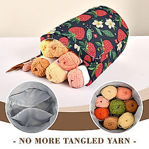 Fustylead Hand Draw Red Strawberry and Beautiful Floral Crochet Drawstring Organizer, Large Yarn Bag Storage Tote Basket for Crocheting On The Go, Kit Holder, Gift for Knitter, Crochet Beginner